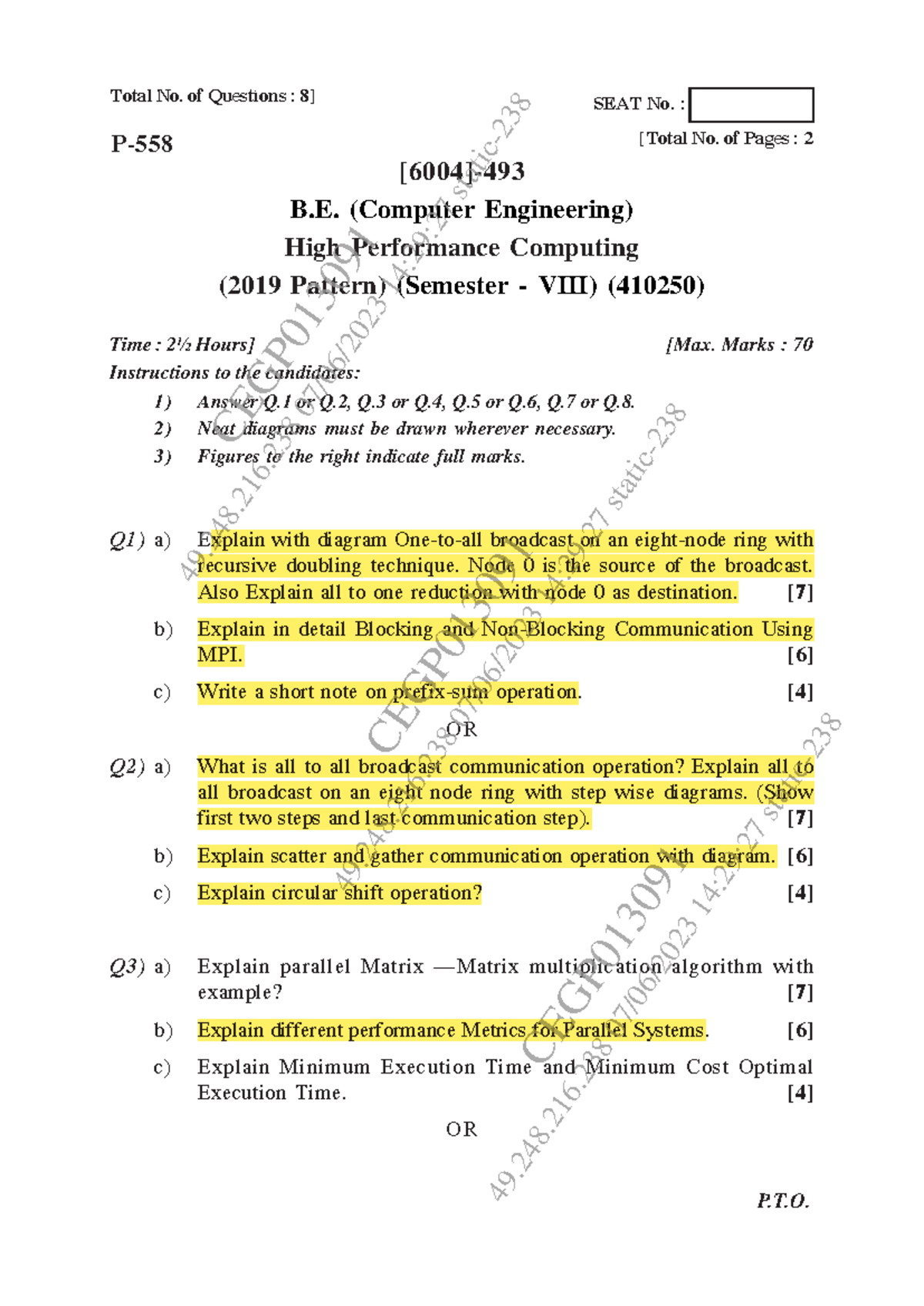 HPC May Jun 2023 - Q1) a) Explain with diagram One-to-all broadcast on an eight-node ring with ...