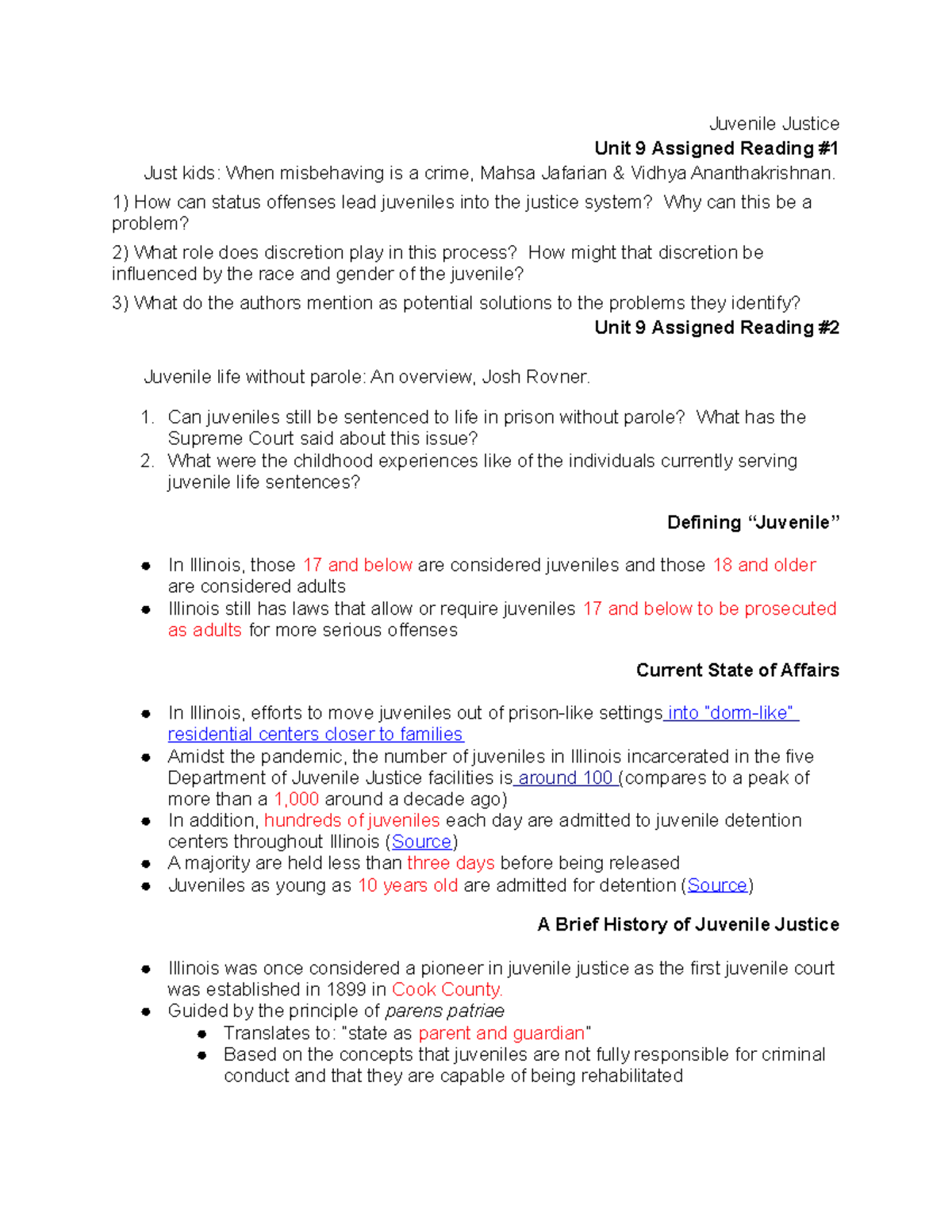 Unit 9 CLJ - notes - Juvenile Justice Unit 9 Assigned Reading # Just ...