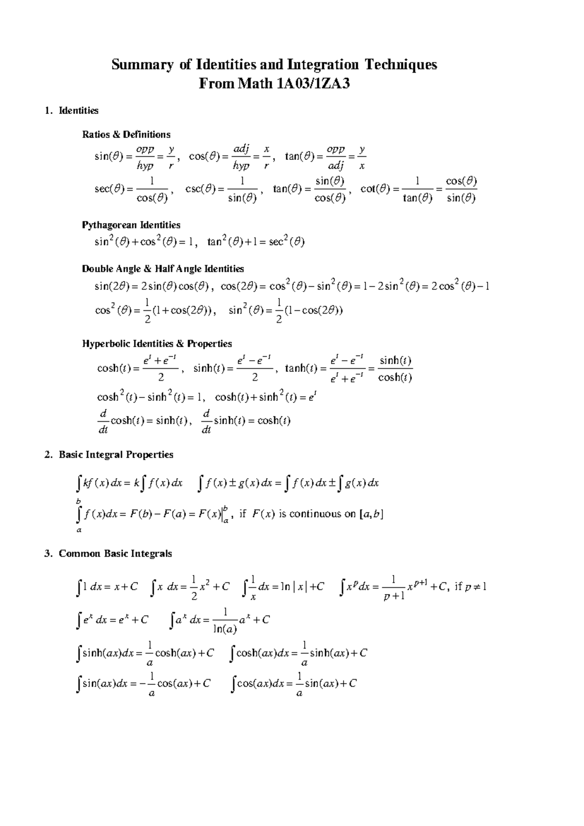 Term 1 Integrals and Identities - Summary of Identities and Integration ...