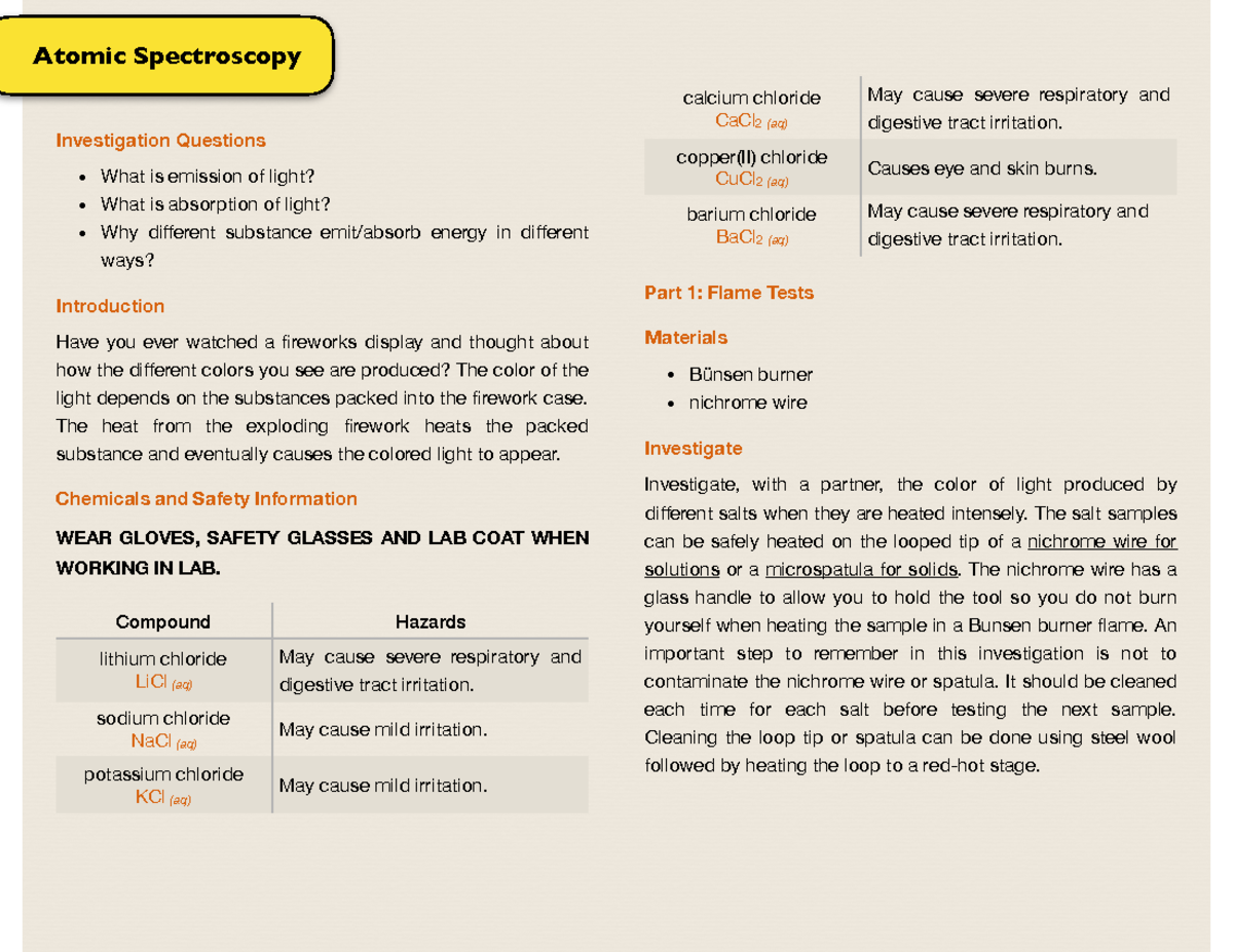 Atomic Spectroscopy - Investigation Questions • What is emission of ...