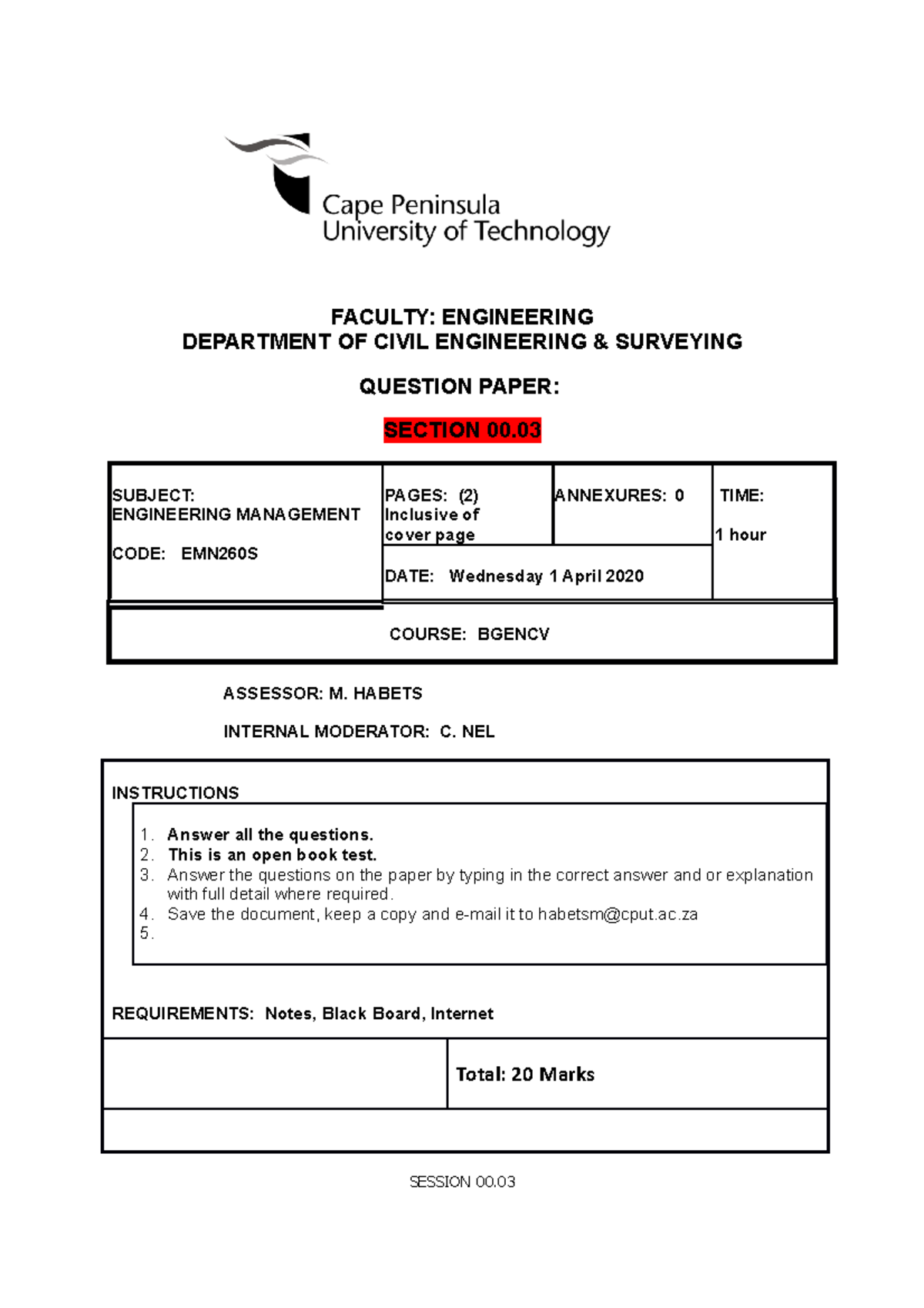 TEST 1 April Autumn 2020 - FACULTY: ENGINEERING DEPARTMENT OF CIVIL ...