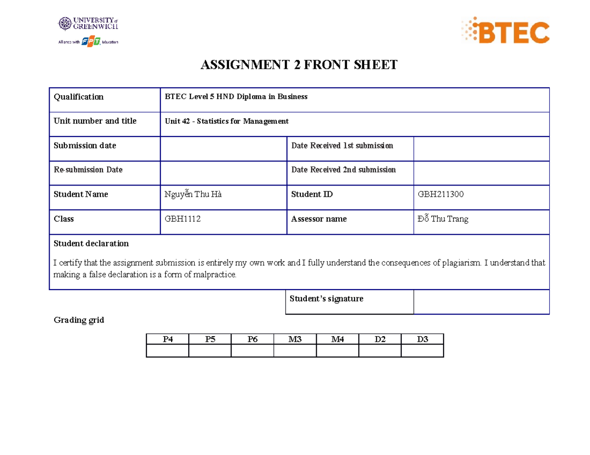 570 Assignment 02 - 123 - ASSIGNMENT 2 FRONT SHEET Qualification BTEC Level 5 HND Diploma in ...