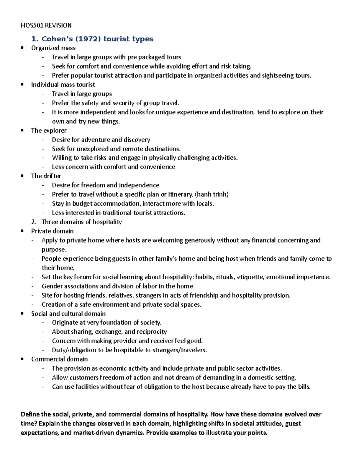 HOS501 Revision - HOS501 REVISION Cohen’s (1972) tourist types ...
