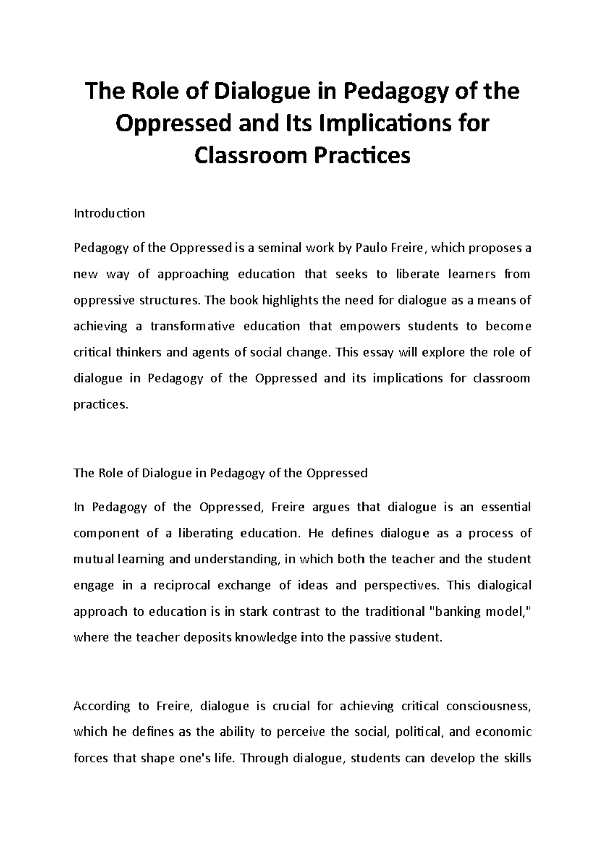 The Role of Dialogue in Pedagogy of the Oppressed and Its Implications ...