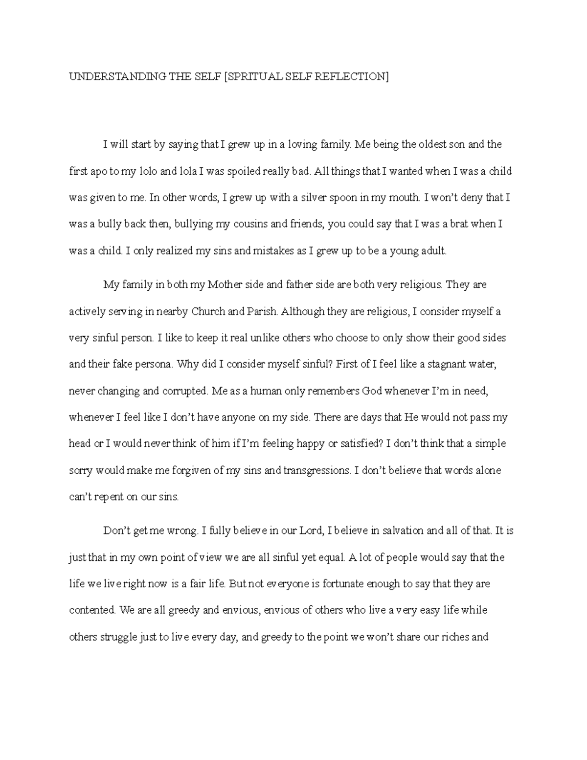 Assignment-Spiritual Self Reflection - UNDERSTANDING THE SELF [SPRITUAL ...