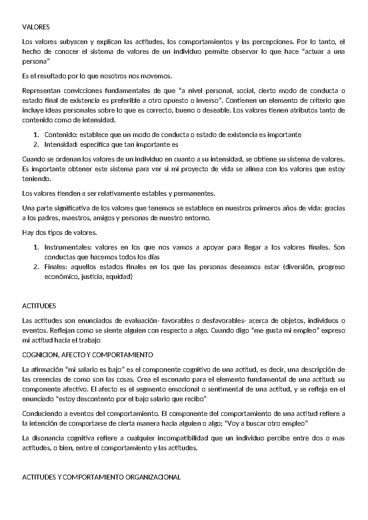 RRHH Ultimo Resumen - VALORES Los valores subyacen y explican las ...