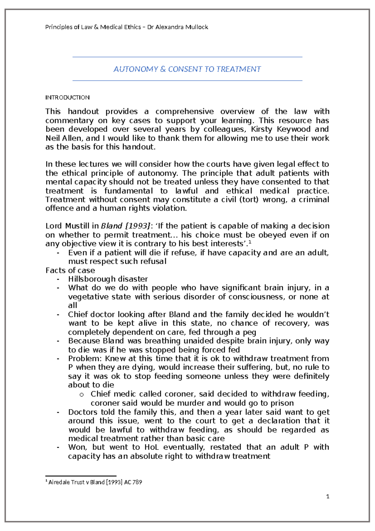 3 - Autonomy and Consent - AUTONOMY & CONSENT TO TREATMENT INTRODUCTION ...