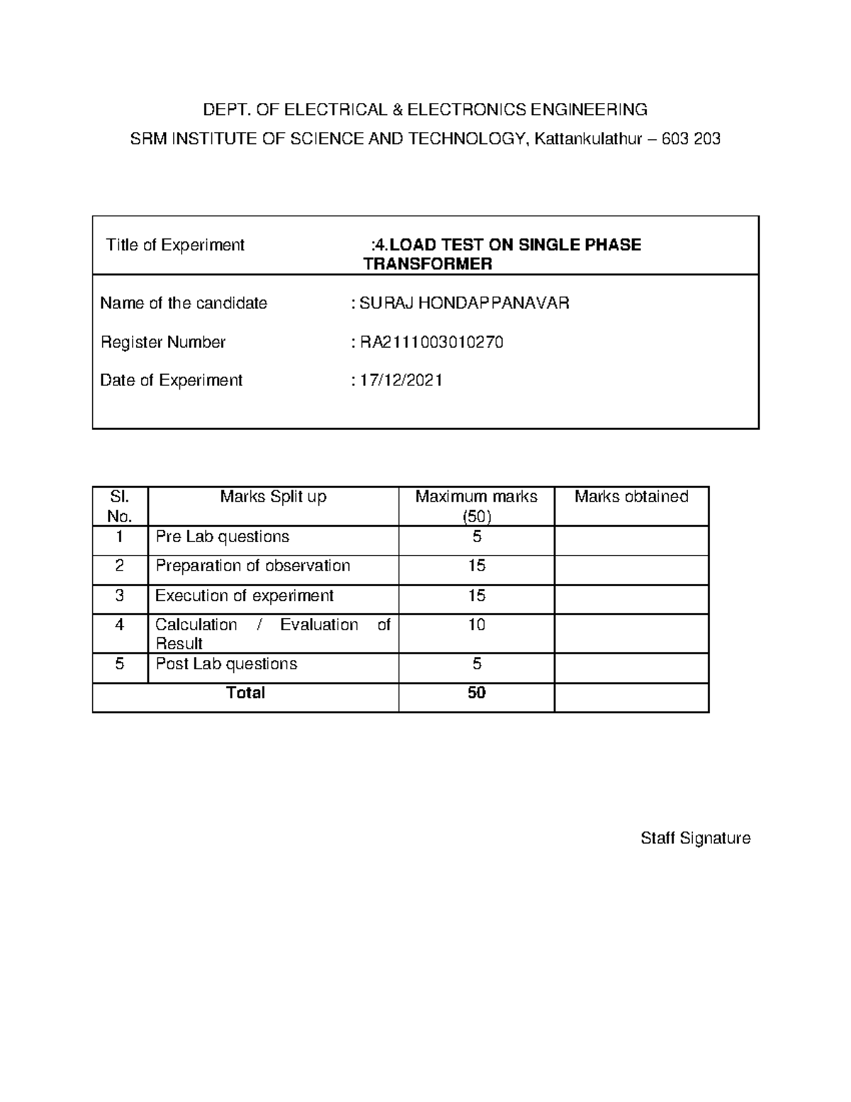 LOAD TEST on single phase transformer with calculations - Basic ...