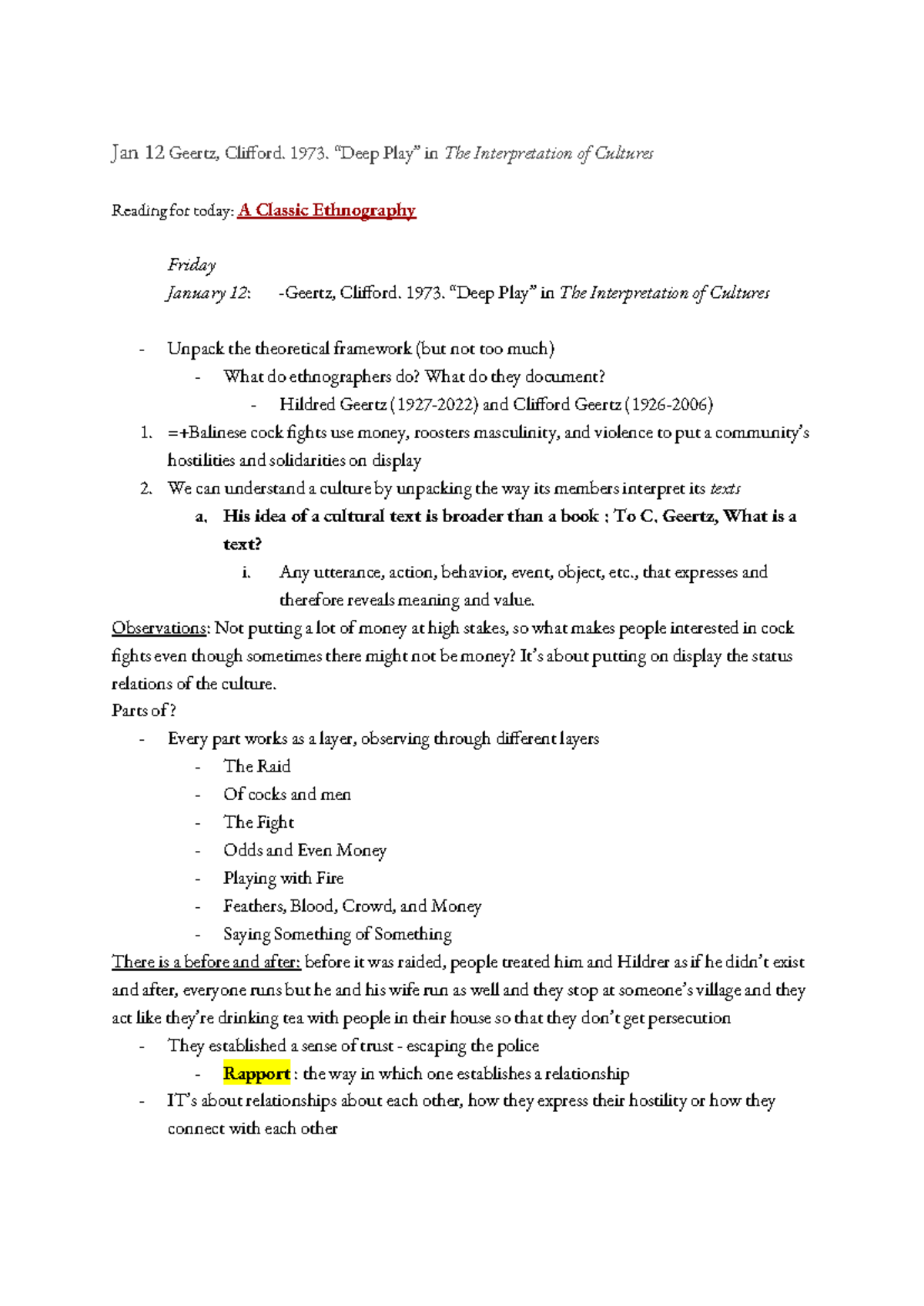 ANTH202 Course notes Winter 2024 - Jan 12 Geertz, Clifford. 1973. “Deep ...
