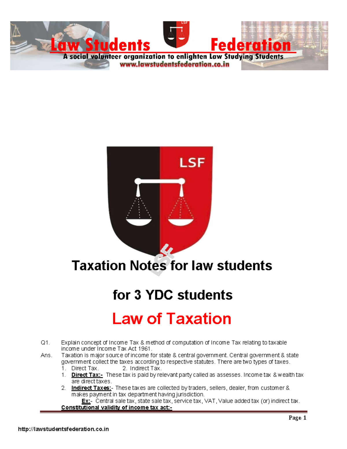 67 - Law notes - Page 1 lawstudentsfederation.co Taxation Notes for law ...