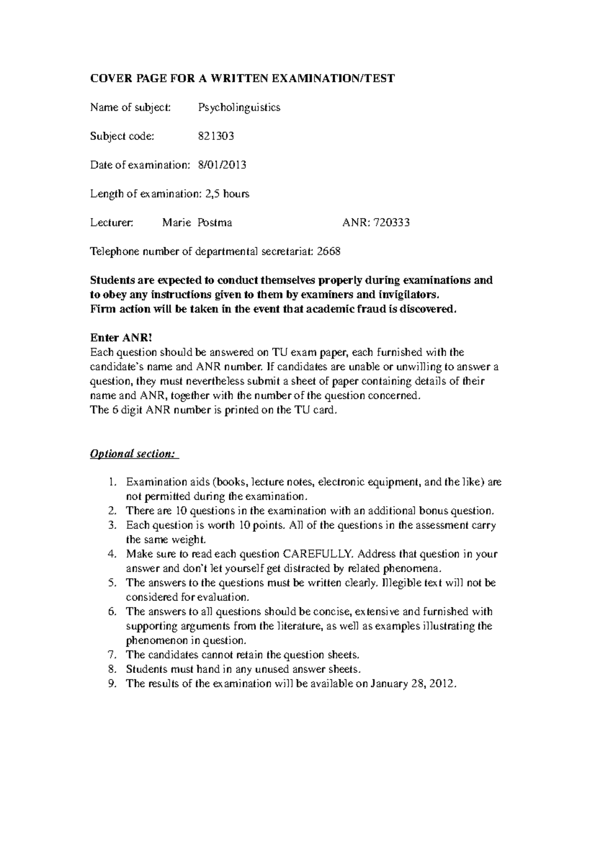 Exam 8 January 2013, questions - COVER PAGE FOR A WRITTEN EXAMINATION ...