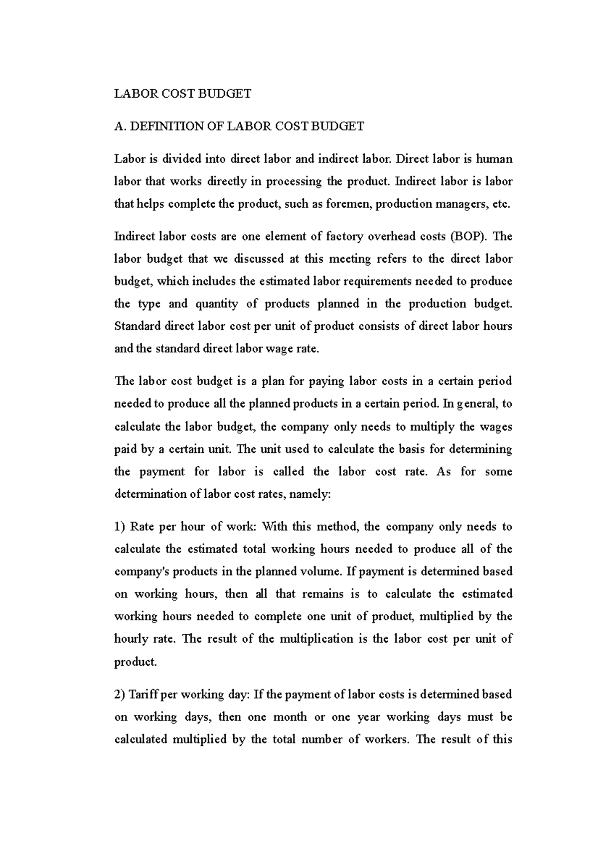 Lecture notes - ch 3 applied science - LABOR COST BUDGET A. DEFINITION ...