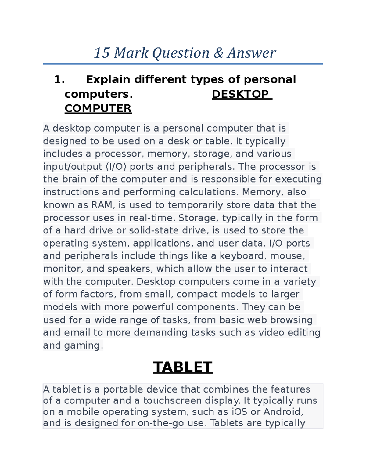 15 Mark Question cf - Explain different types of personal computers ...