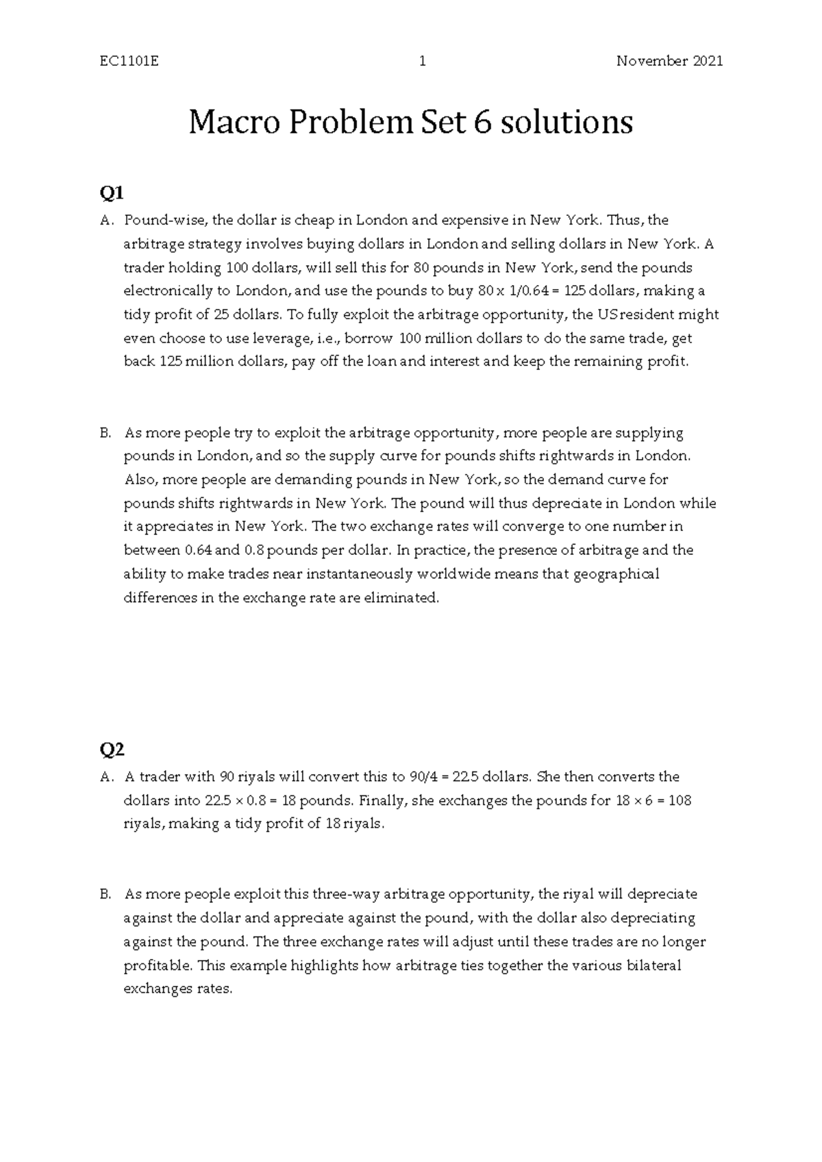 Macro Problem Set 6 solutions - EC1 101 E 1 November 2021 Macro Problem Set 6 solutions Q A ...