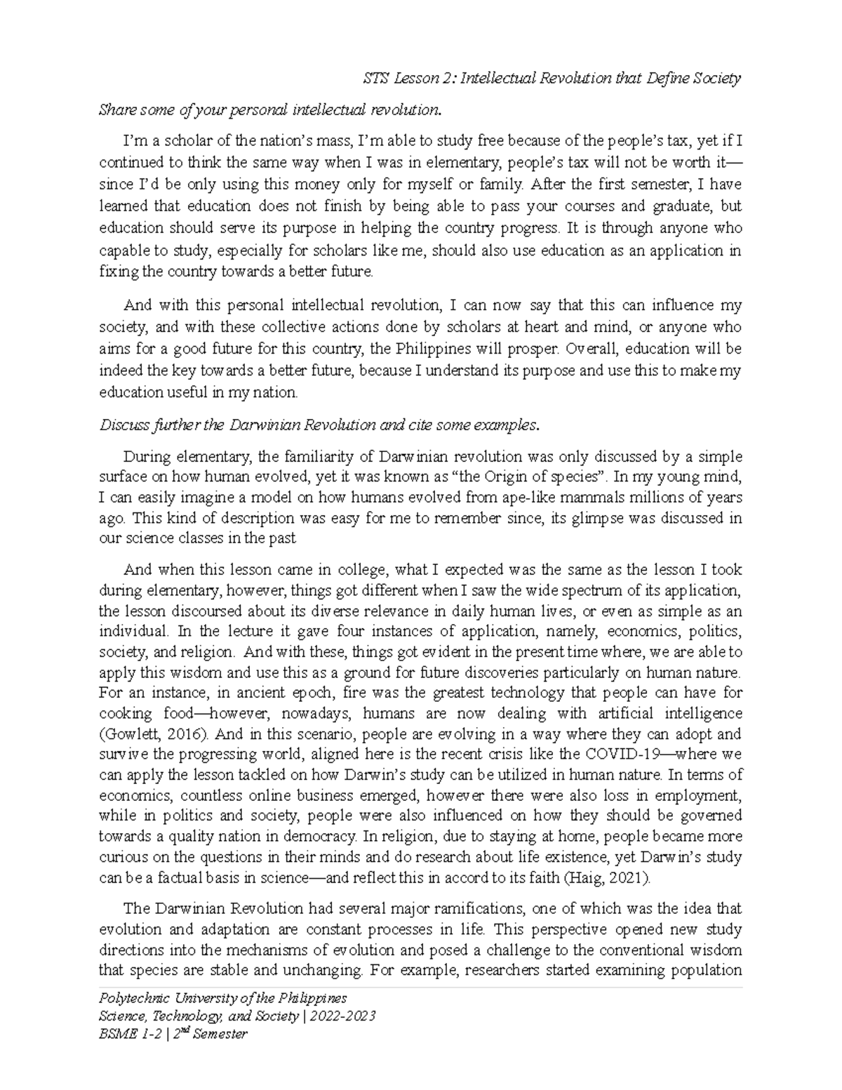 STS Lesson 2 Essay - STS Lesson 2: Intellectual Revolution that Define ...