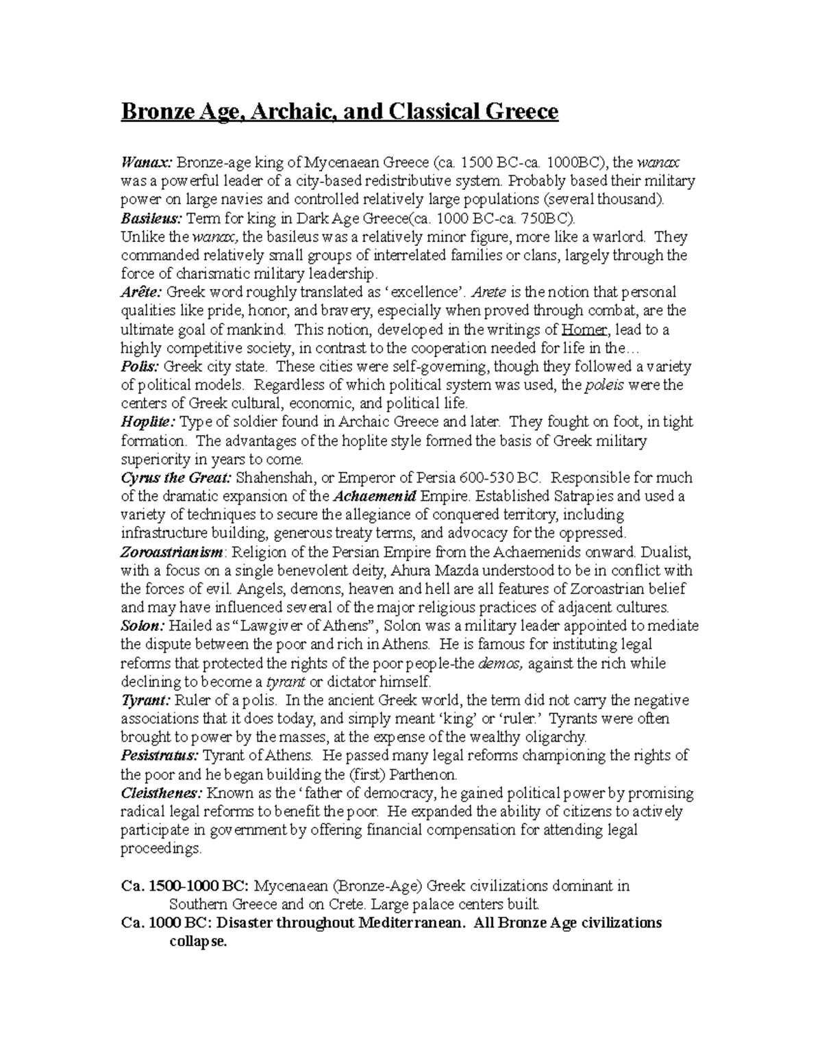 Greece World Notes - Bronze Age, Archaic, and Classical Greece Wanax ...