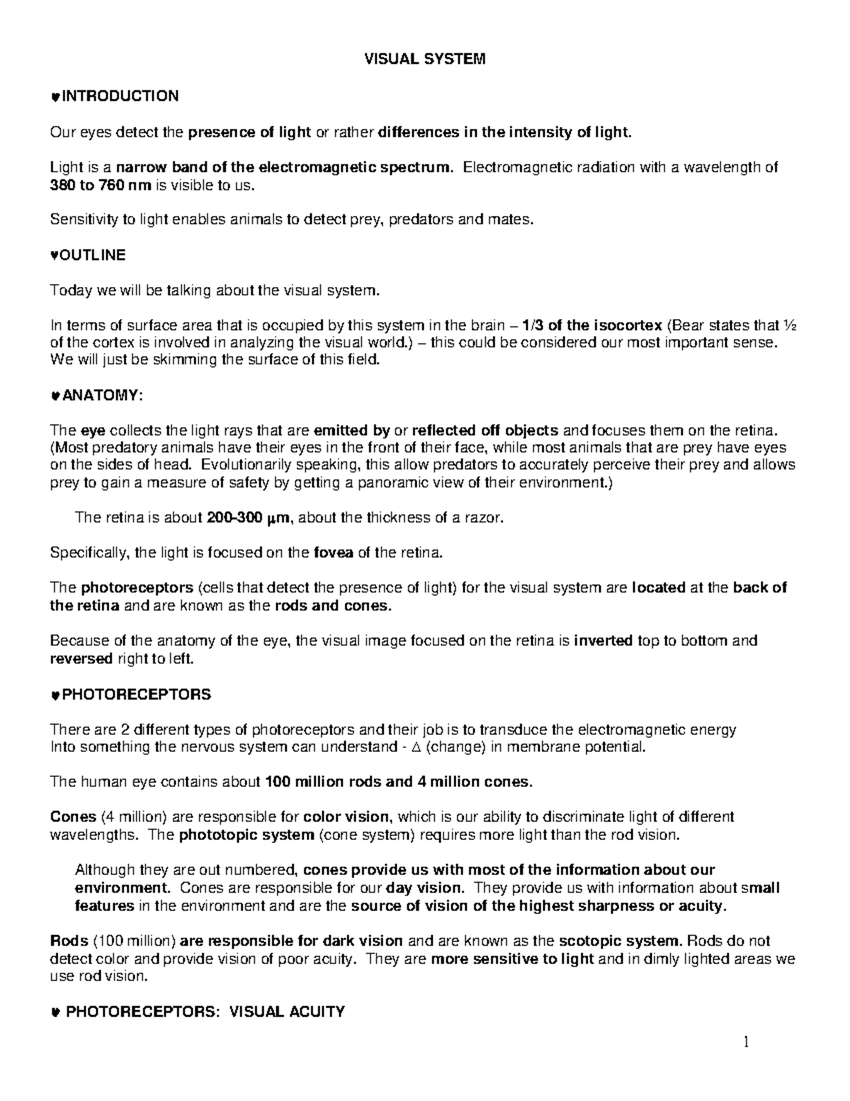 Visual System Notes(2) - VISUAL SYSTEM INTRODUCTION Our eyes detect the ...