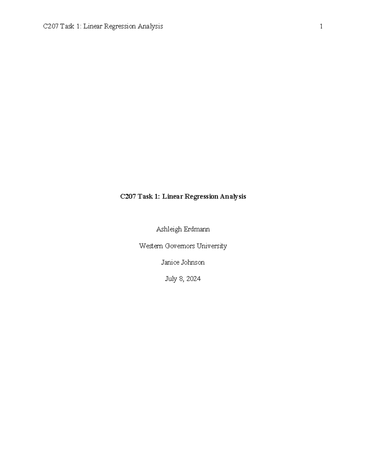 Task 1 Paper Linear Regression Analysis C207 Task 1 Linear