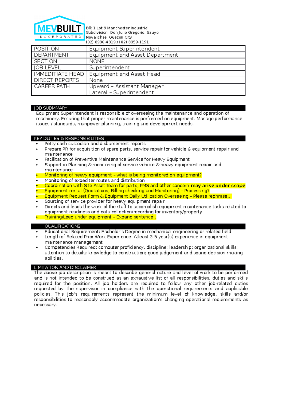 Equipment-SUPT - A summary on how to construct a job description - JOB ...