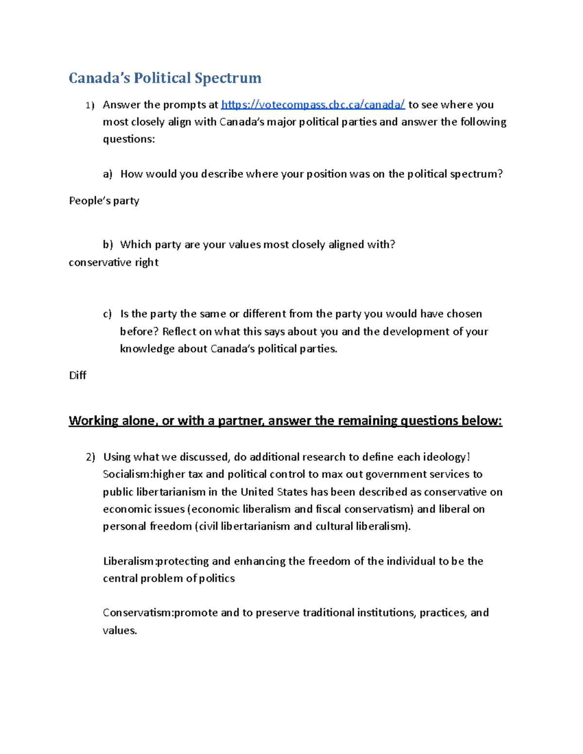 Canada's Political Spectrum - Canada’s Political Spectrum Answer the ...
