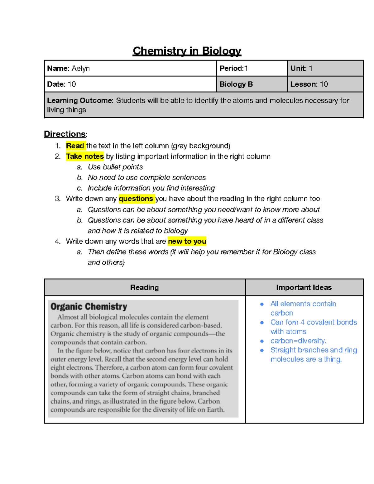 Untitled document (1) - good notes. - Chemistry in Biology Name: Aelyn ...