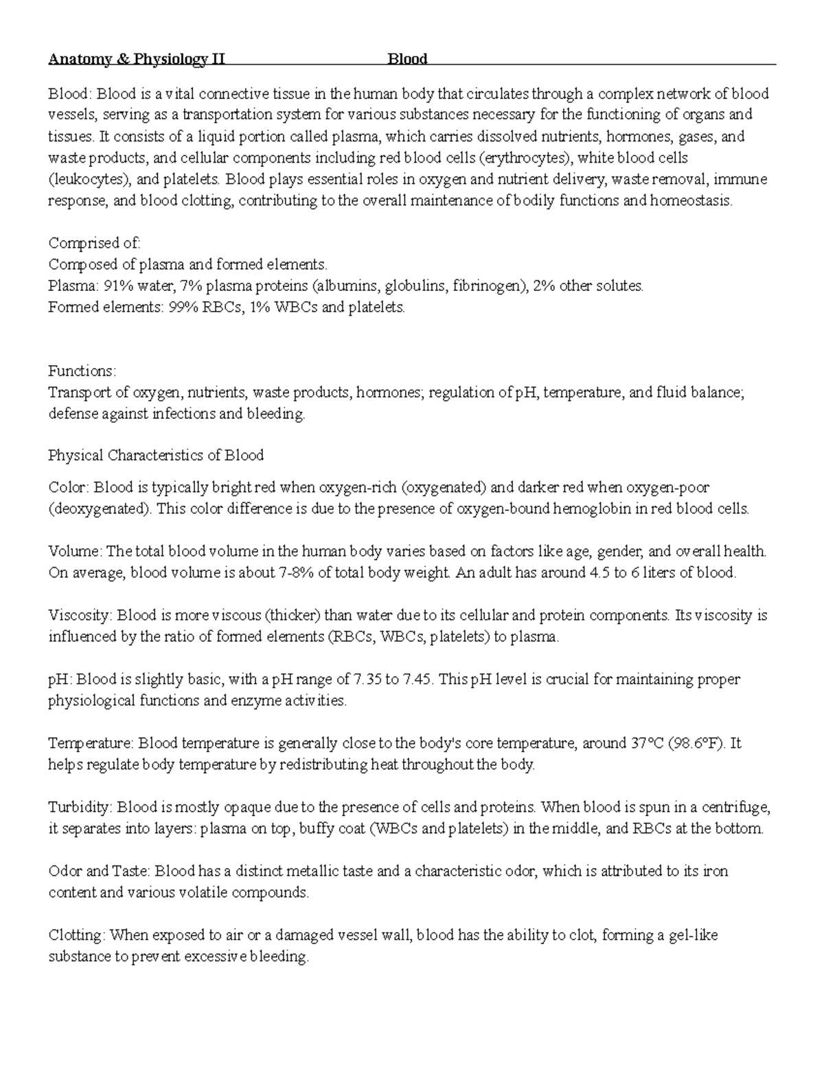3 Blood study notes - Anatomy & Physiology II Blood Blood: Blood is a ...