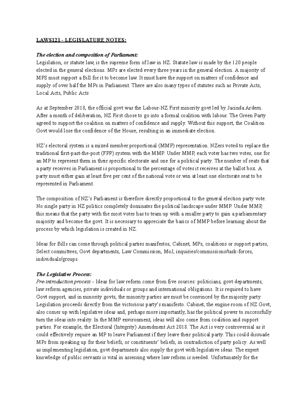 Legislature Notes - Google Docs - LAWS121 - LEGISLATURE NOTES: The ...