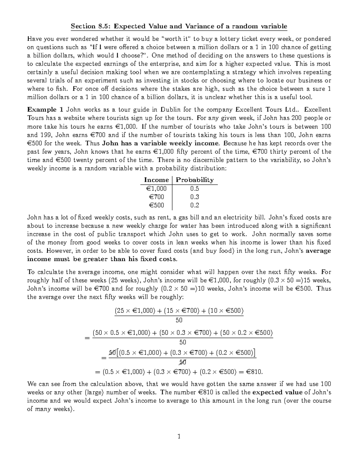 Lecture notes 18 - Expected Value and Var. of a R. Variable - Section 8 ...