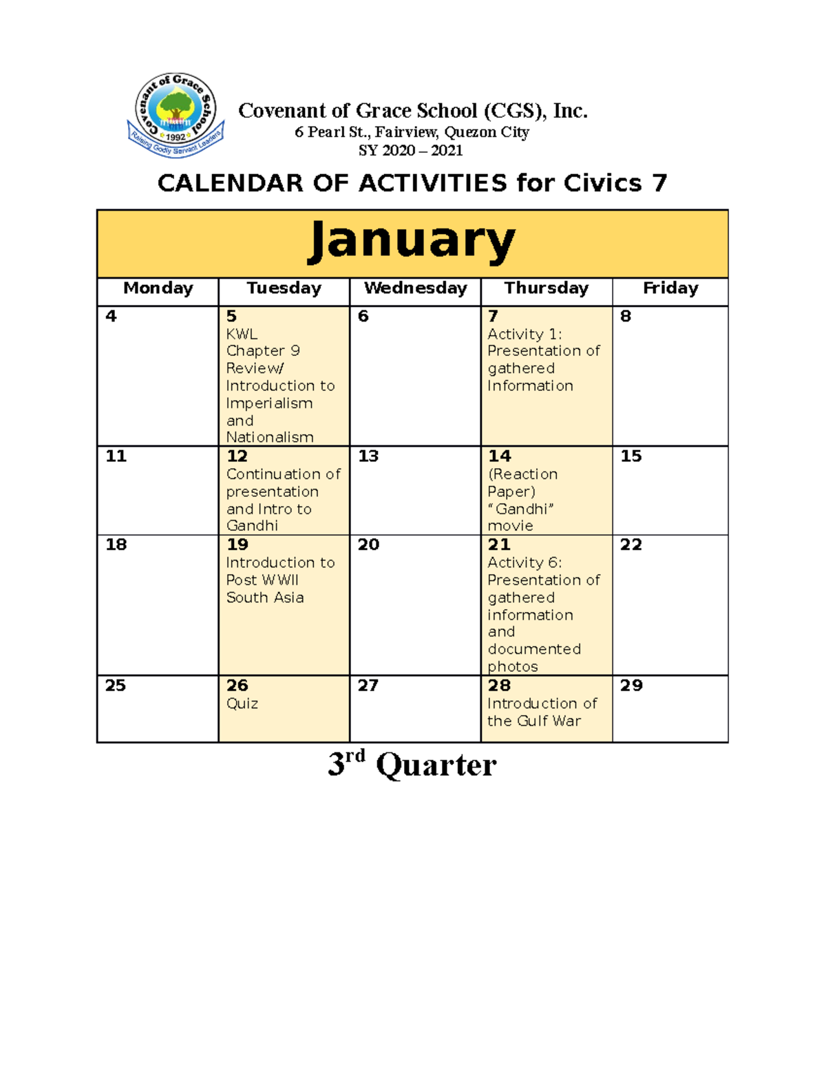 3rd Quarter Calendar - sample - Covenant of Grace School (CGS), Inc. 6 ...