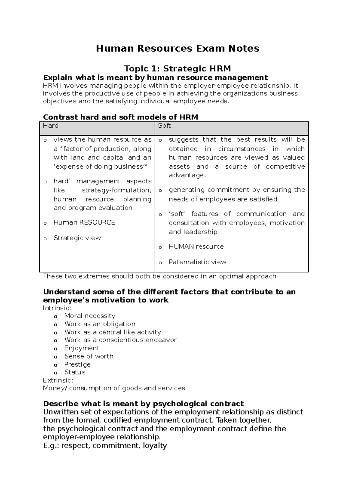 Human Resources Exam Notes - Human Resources Exam Notes Topic 1 ...