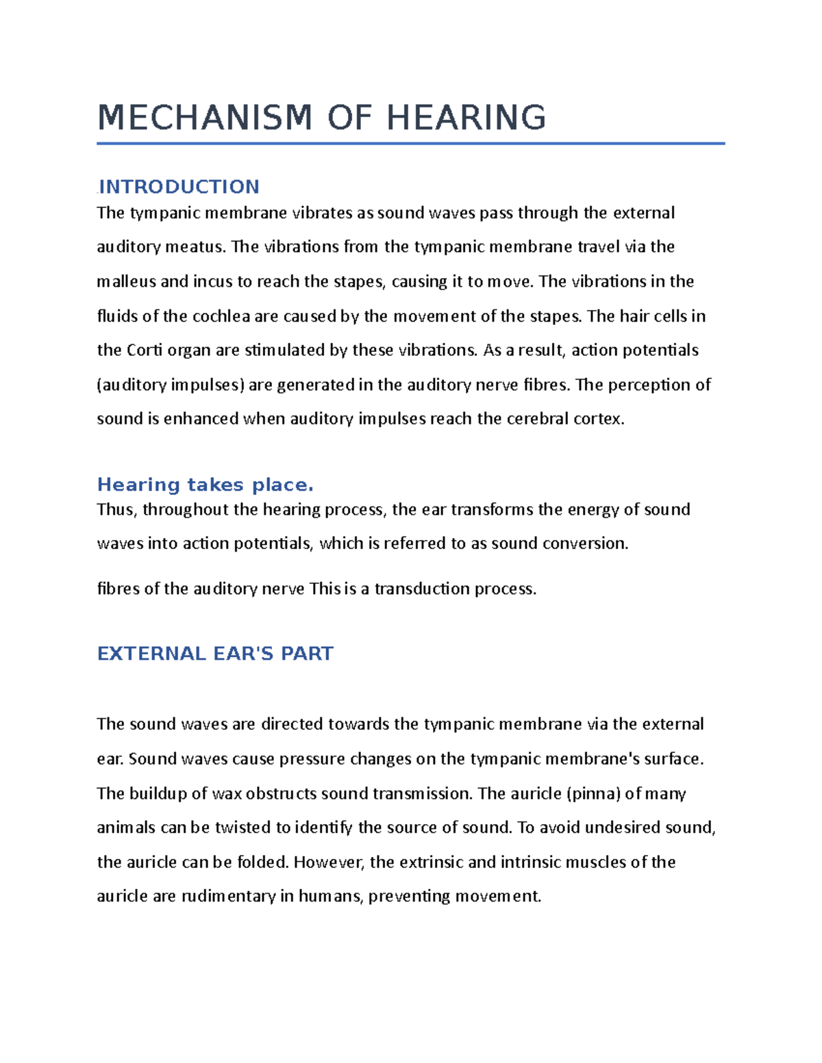 Mechanism OF Hearing - Lecture notes 4 - MECHANISM OF HEARING ...
