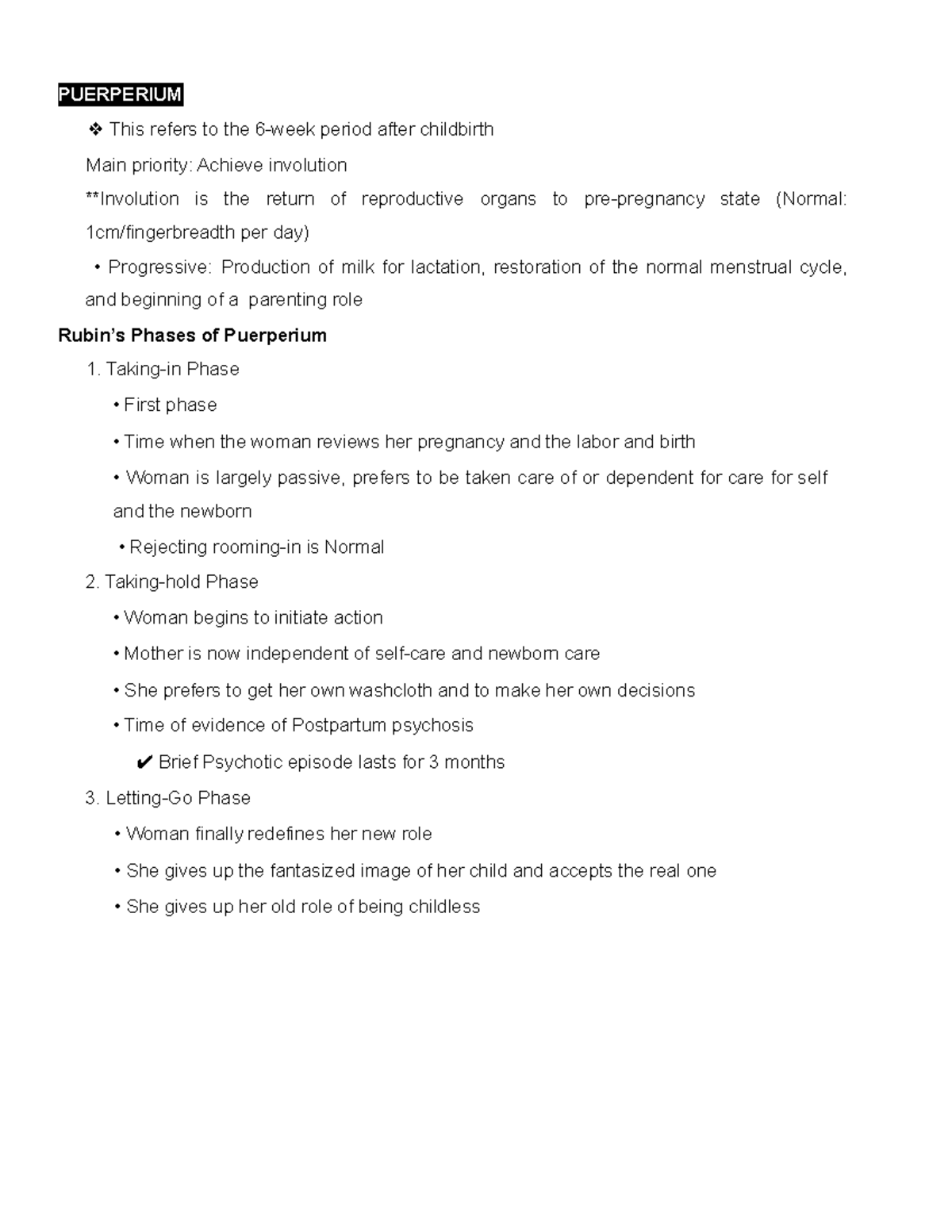 Puerperium - notes - PUERPERIUM This refers to the 6-week period after ...