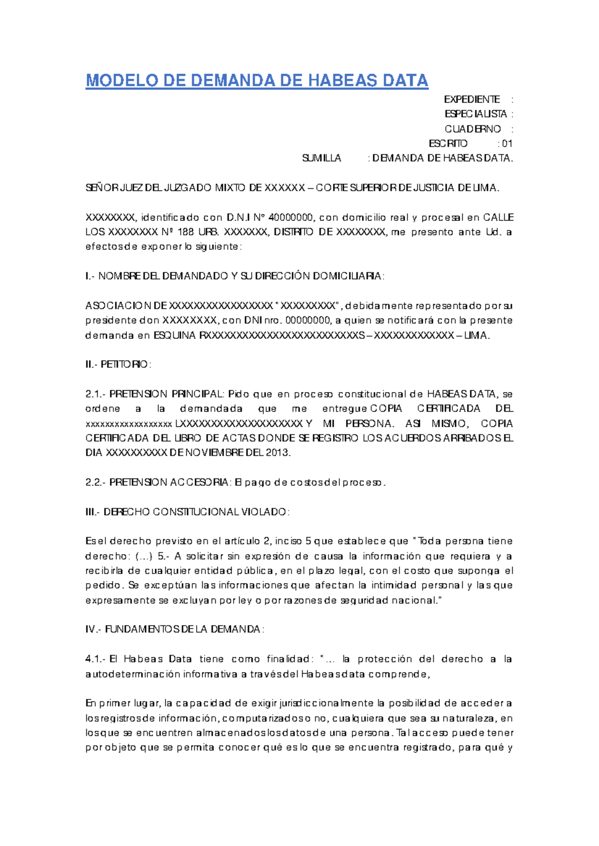 S07.s1 Modelo Demanda Habeas DATA - MODELO DE DEMANDA DE HABEAS DATA EXPEDIENTE : ESPECIALISTA ...