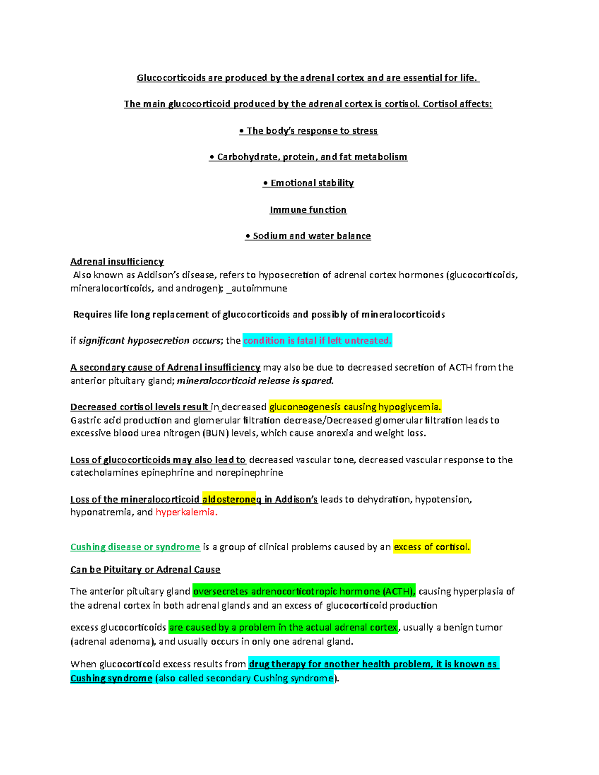 Addison's Cushing's Notes - Glucocorticoids are produced by the adrenal ...
