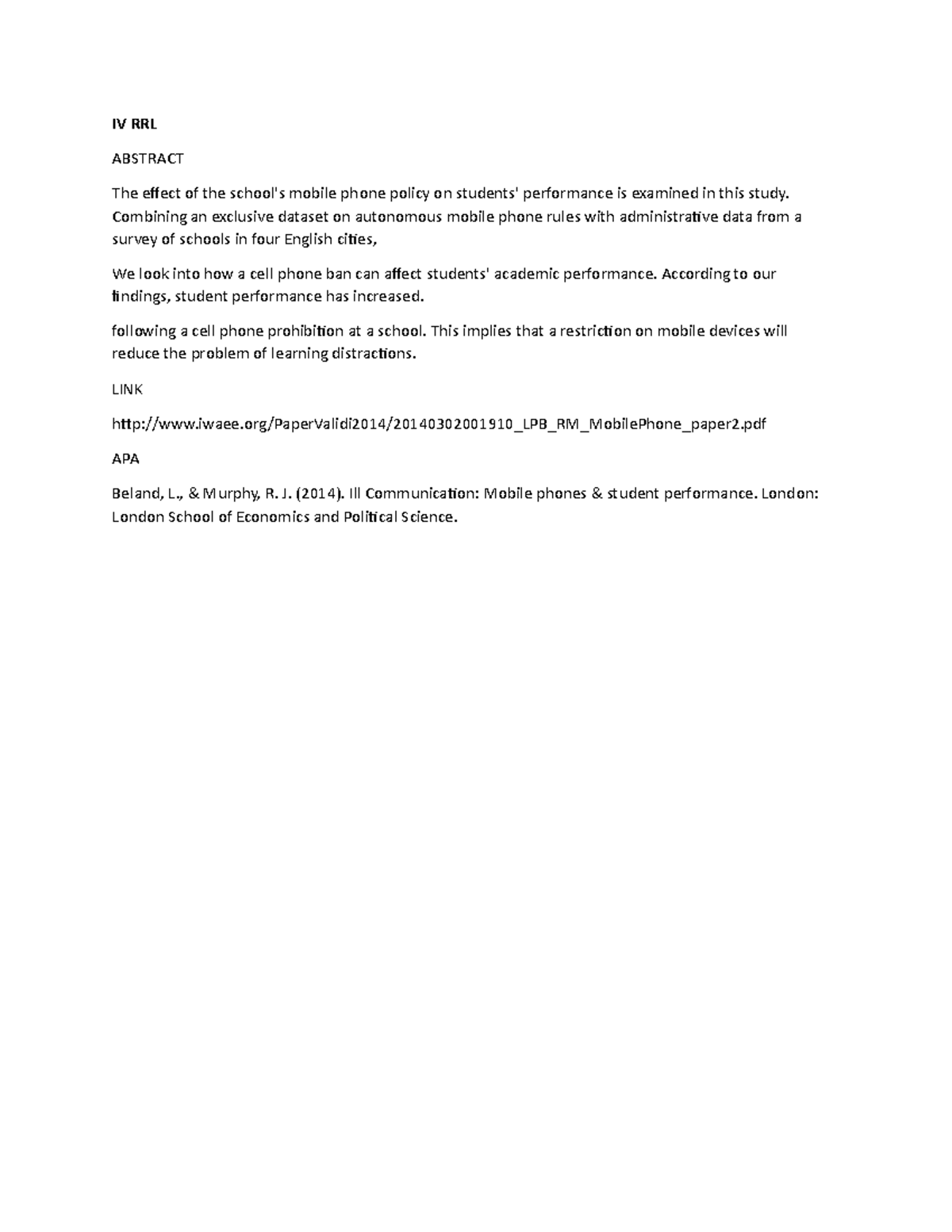 NEW RRL IV DV AND Factors - IV RRL ABSTRACT The effect of the school's ...