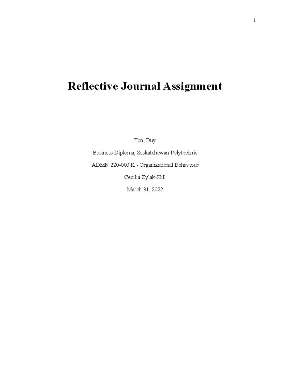 Reflective Journal Assignment: Personality Motivation and Group ...