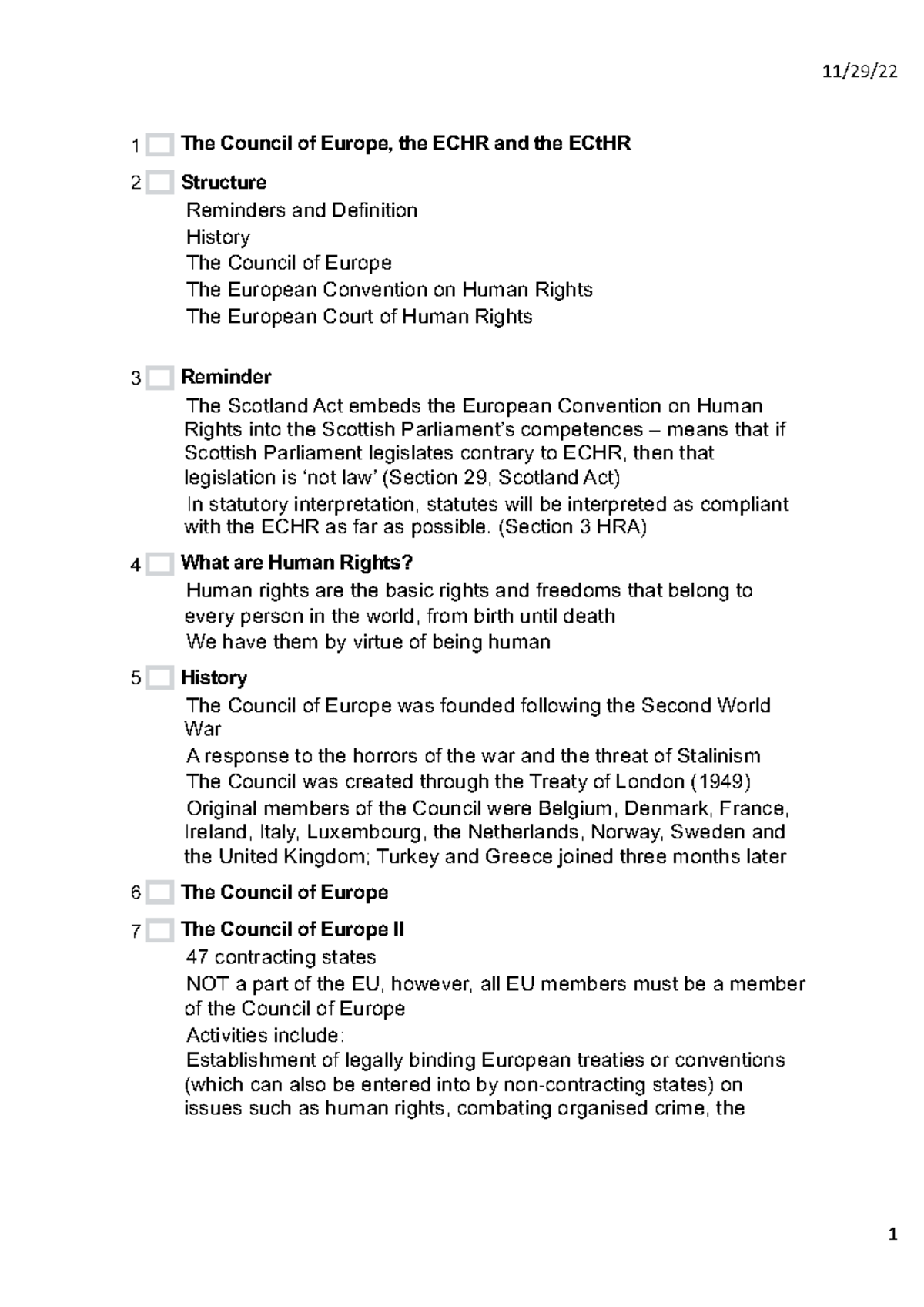 Week 10 outline lecture notes - 11/29/ 1 The Council of Europe, the ...
