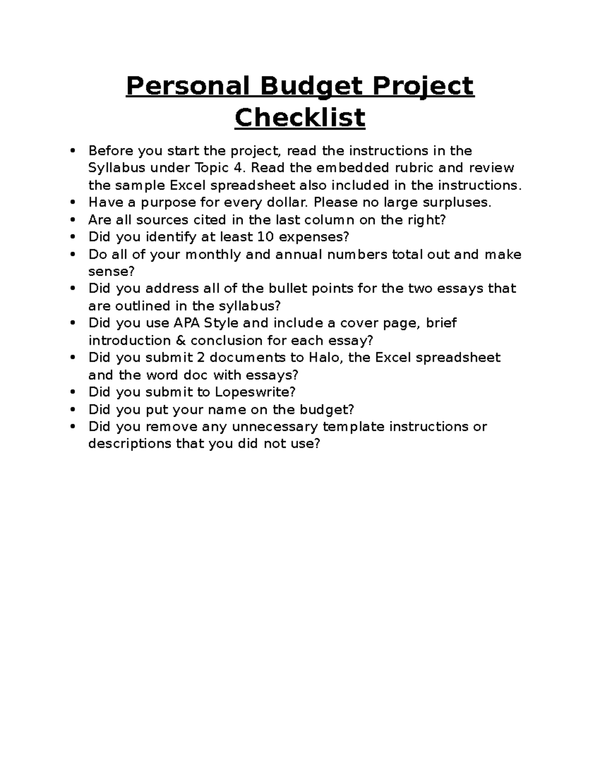 Personal Budget Project Checklist - Personal Budget Project Checklist ...