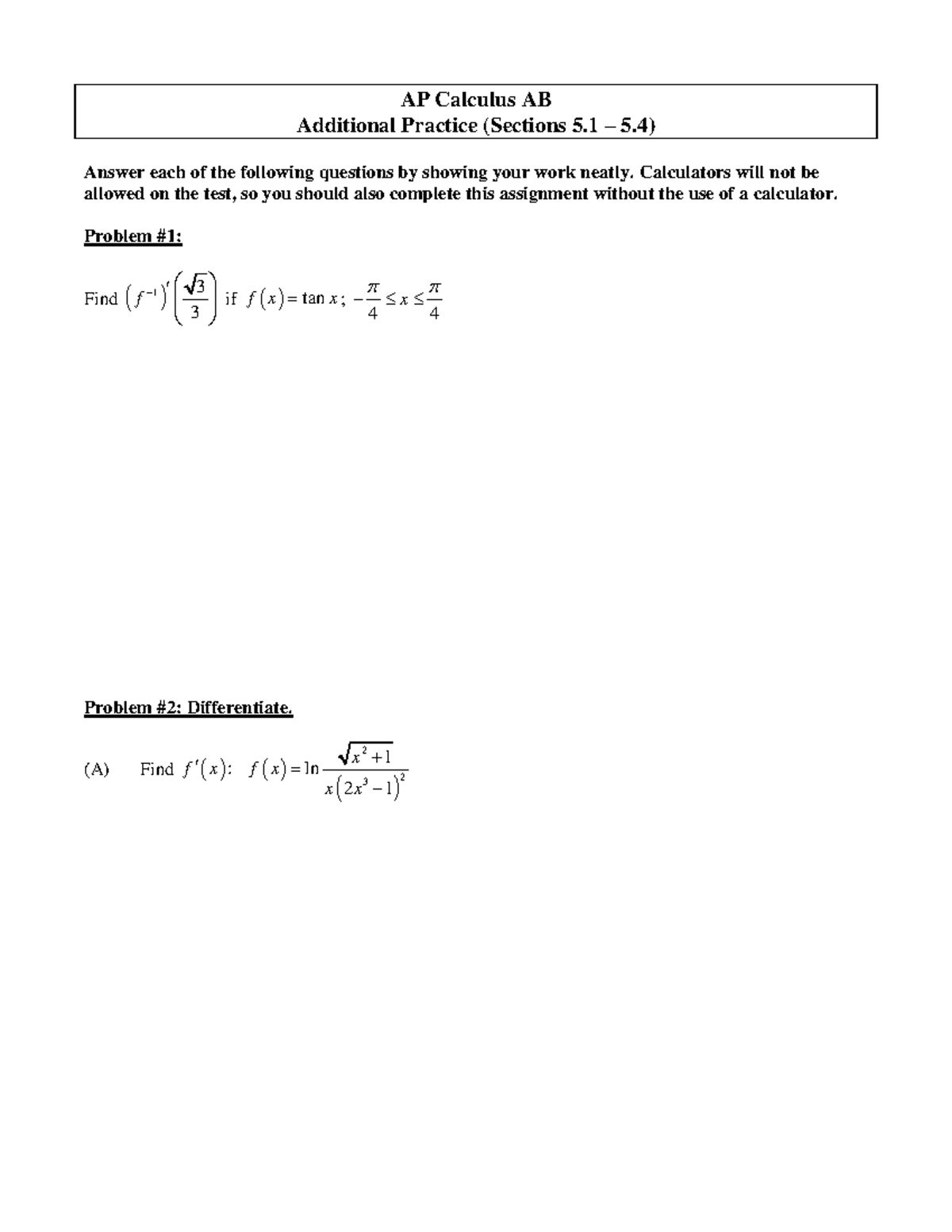 Additional Practice (5 - AP Calculus AB Additional Practice (Sections 5 ...