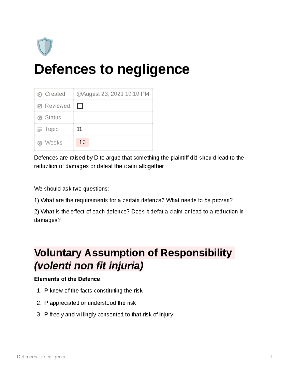 Defences to negligence - Defences to negligence Created Reviewed Status ...