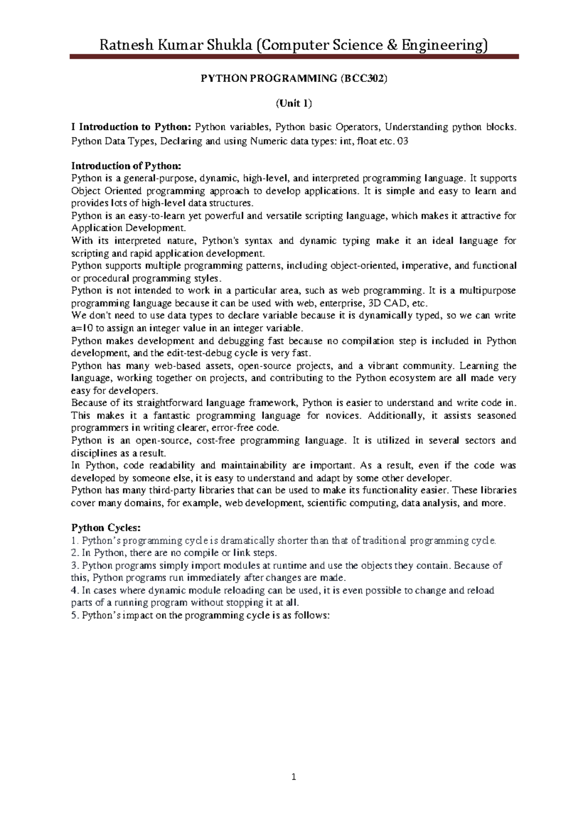 Unit 1 - These are the notes - PYTHON PROGRAMMING (BCC302) (Unit 1) I ...