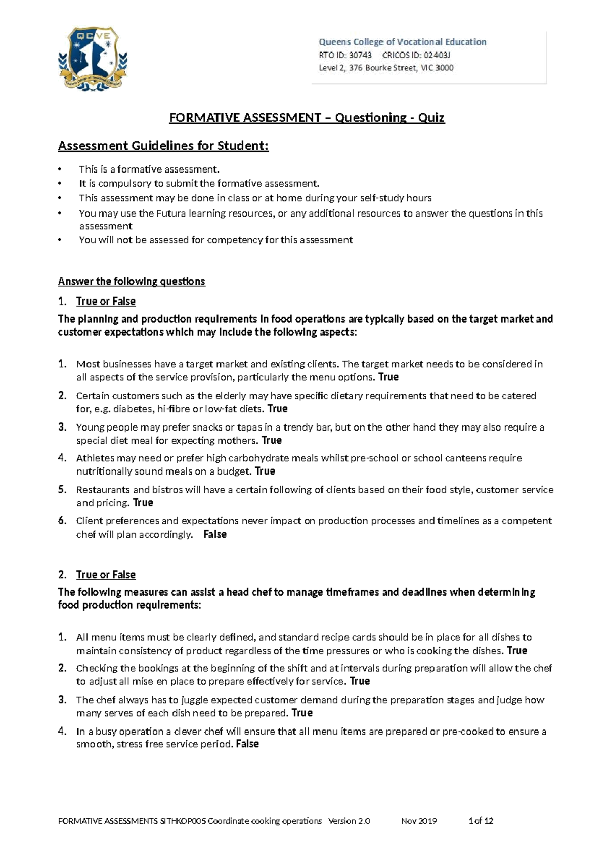 Formative Assessments Sithkop 005 Coordinate cooking operations ...