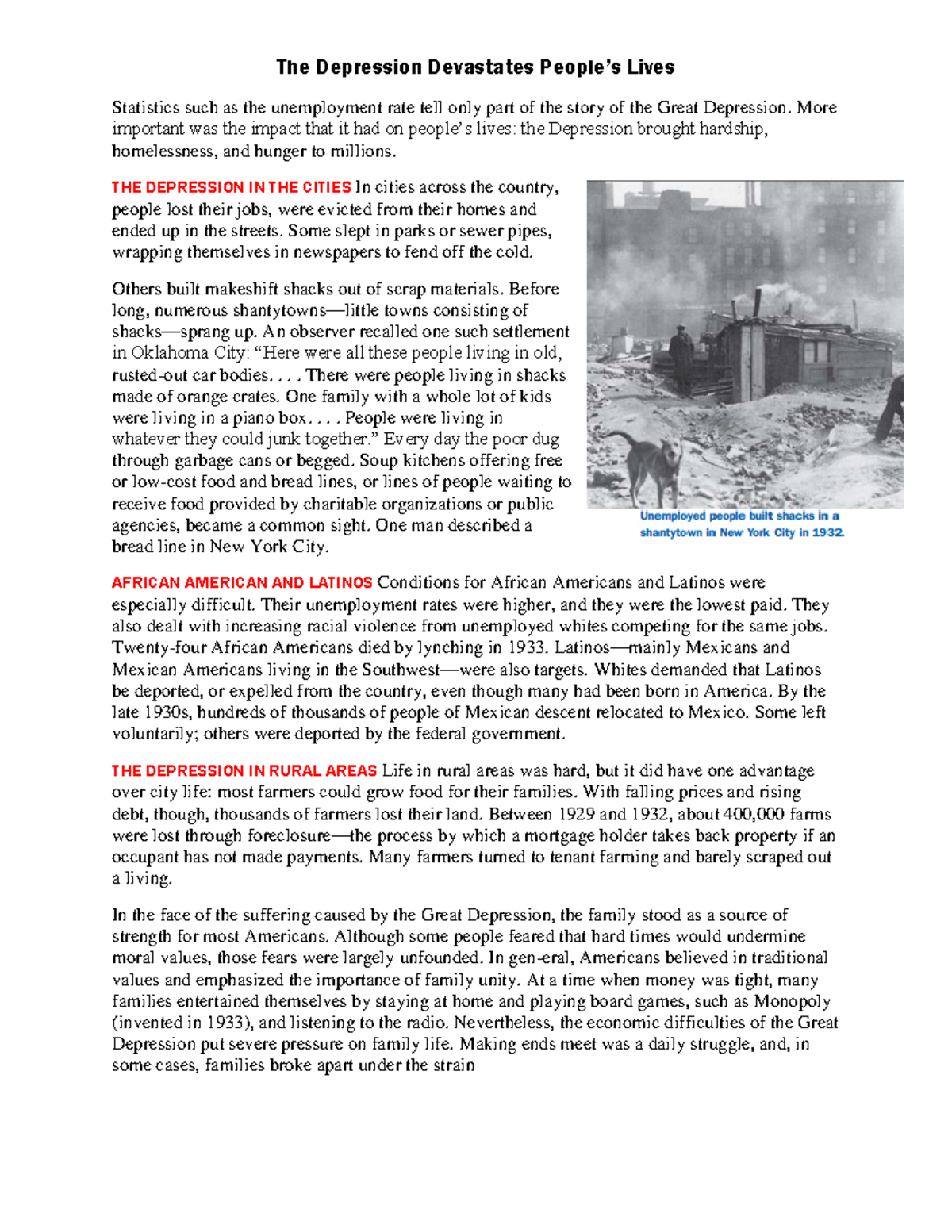 Effects of the Great Depression - The Depression Devastates People’s ...