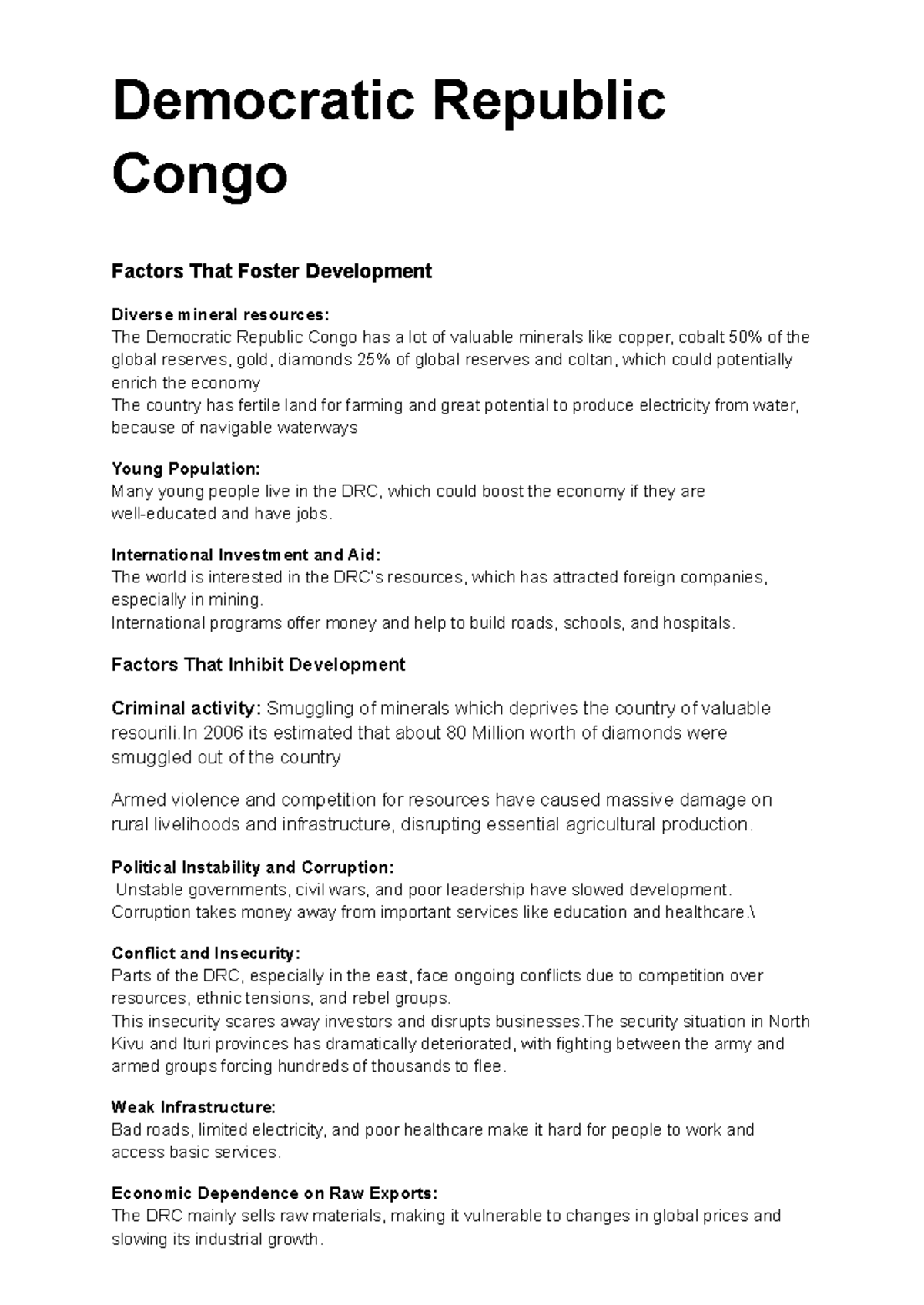 Democratic Republic Congo - Factors that foster and inhibit development ...