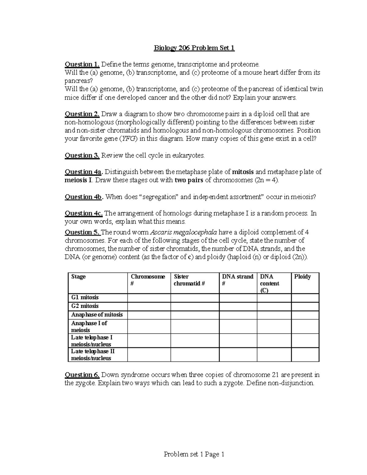 KEy - Recitation work - Problem set 1 Page 1 Biology 206 Problem Set 1 ...