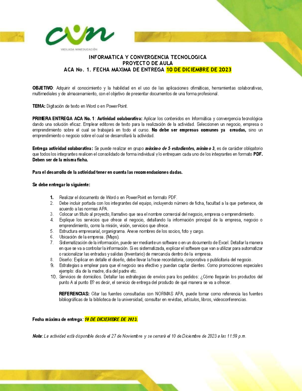 ACA 1 Informatica Y Convergencia Diciembre 2023 - INFORMATICA Y CONVERGENCIA TECNOLOGICA ...