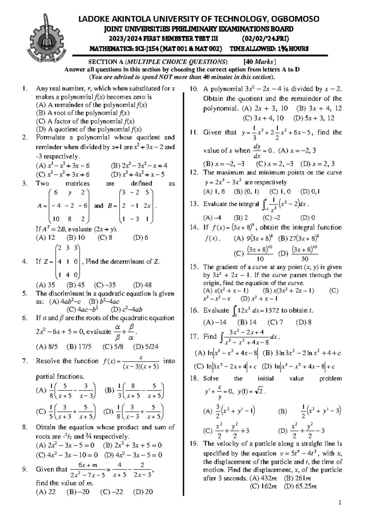 MAT 001, 002 Test III 2023-2024 - 1 SECTION A (MULTIPLE CHOICE ...