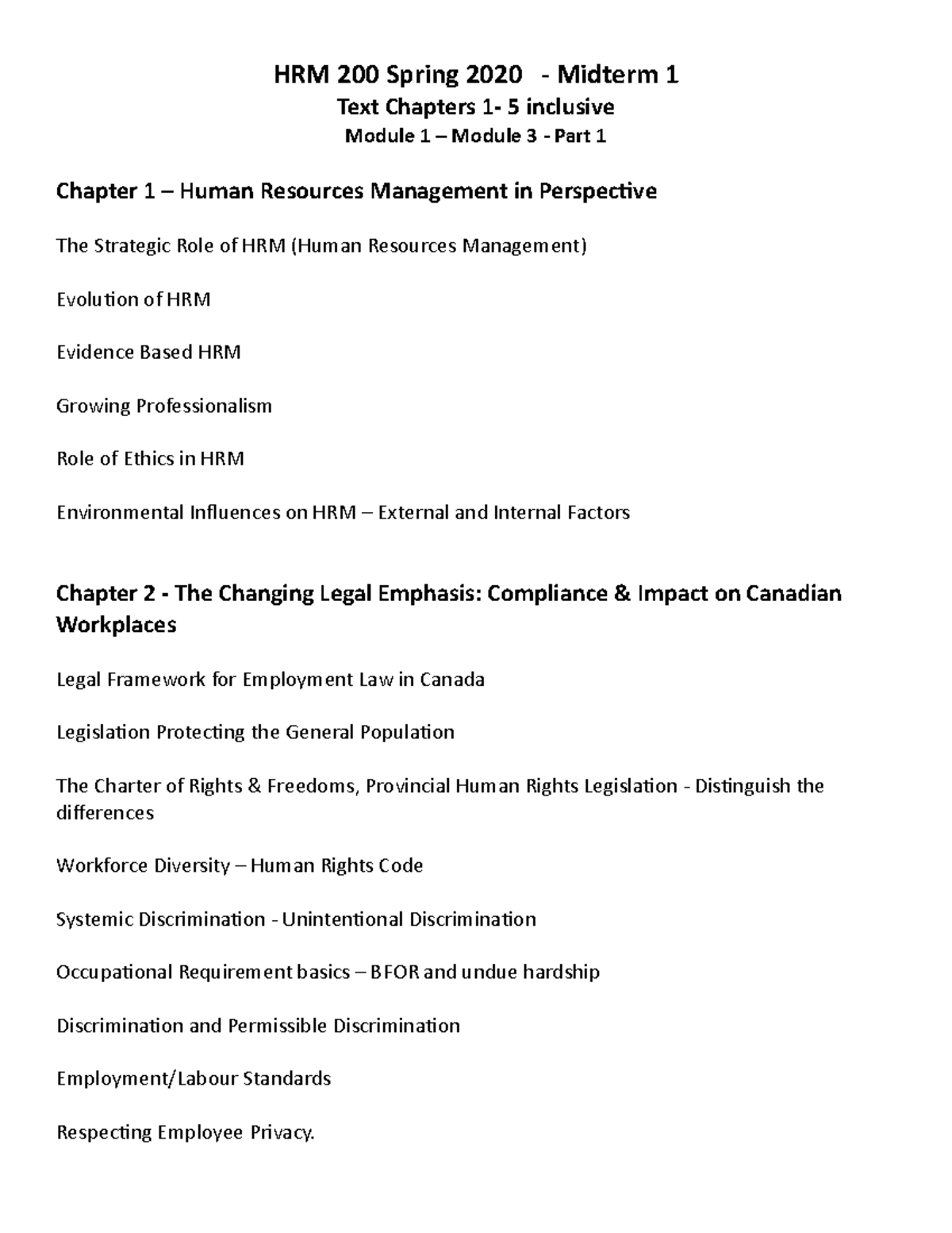 HRM 200 Study Notes Chapter 1 -3 - HRM 200 Spring 2020 - Midterm 1 Text ...