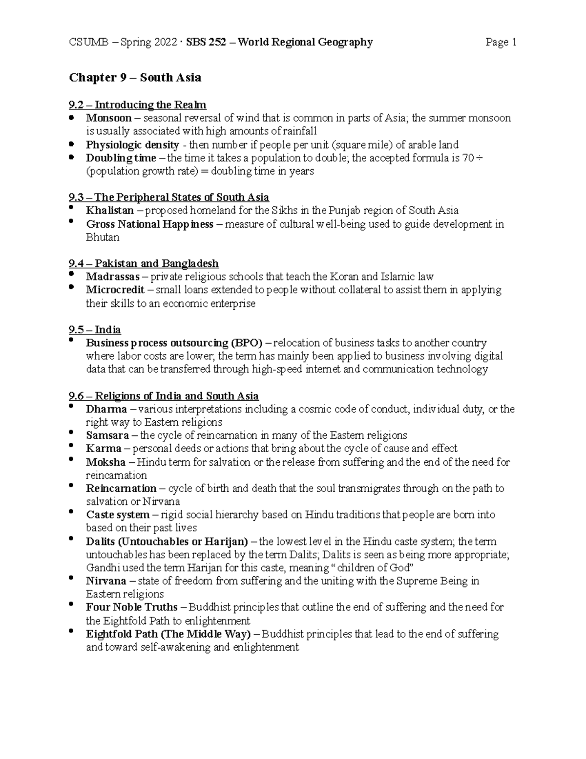 Ch 9 terms - Lecture notes - CSUMB – Spring 2022 · SBS 252 – World ...