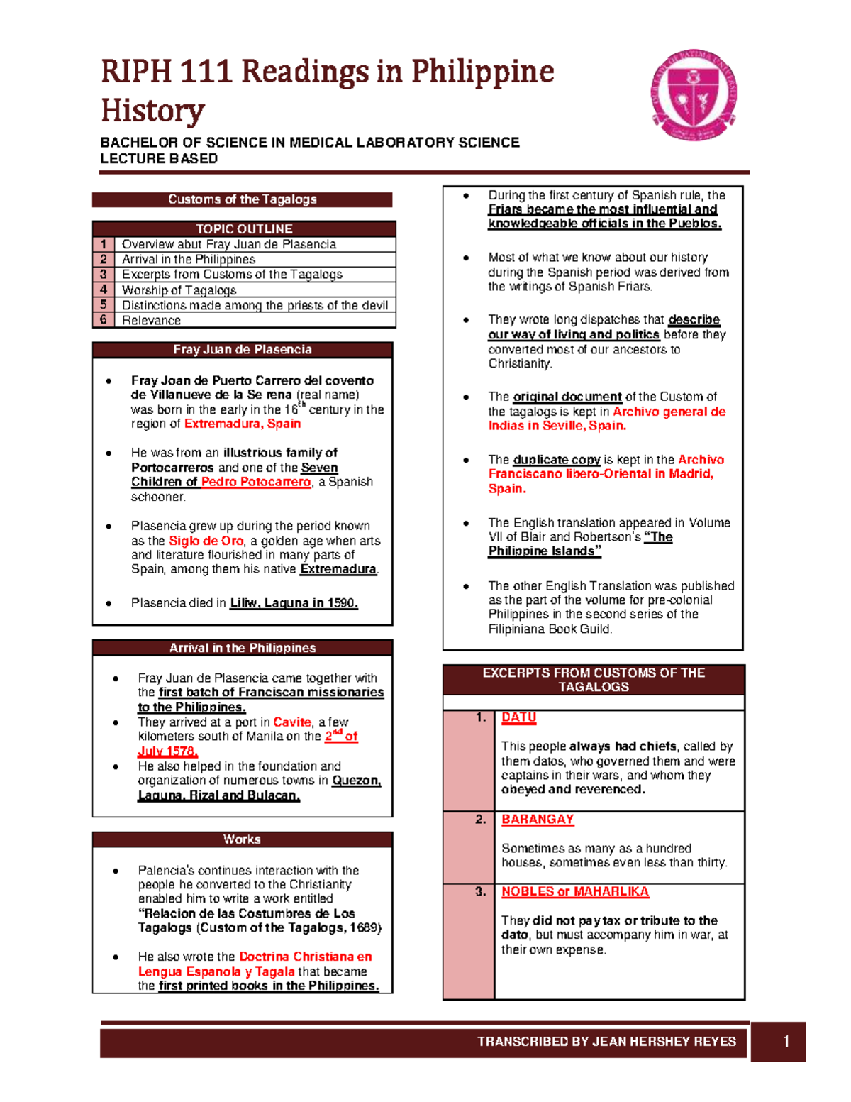 Lesson 4 Custom of the Tagalogs - RIPH 111 Readings in Philippine History BACHELOR OF SCIENCE IN ...